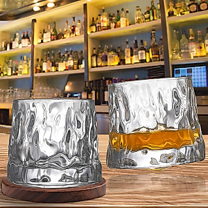 BOLESTA Whiskey Glasses Set of 2, Rotatable Tumbler Crystal Glass Cups, Drinking Glasses with 2Pcs Creative Walnut Coasters and Gift Box - for Scotch,Bourbon,Cocktails