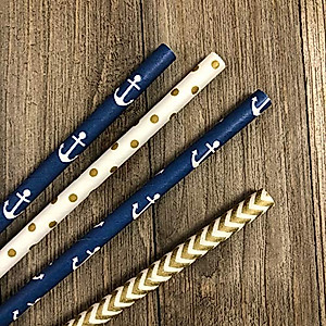 Nautical Anchor Themed Paper Straws - Navy Blue Gold White - Chevron Polka Dot - 7.75 Inches - 100 Pack - Outside the Box Papers Brand