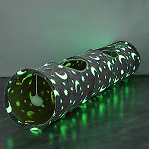 LUCKITTY Cat Tunnel Tube with Plush Ball Toys Collapsible Self-Luminous Photoluminescence, for Small Animals Pets Bunny Rabbits, Kittens, Ferrets,Puppy and Dogs Grey Moon Star