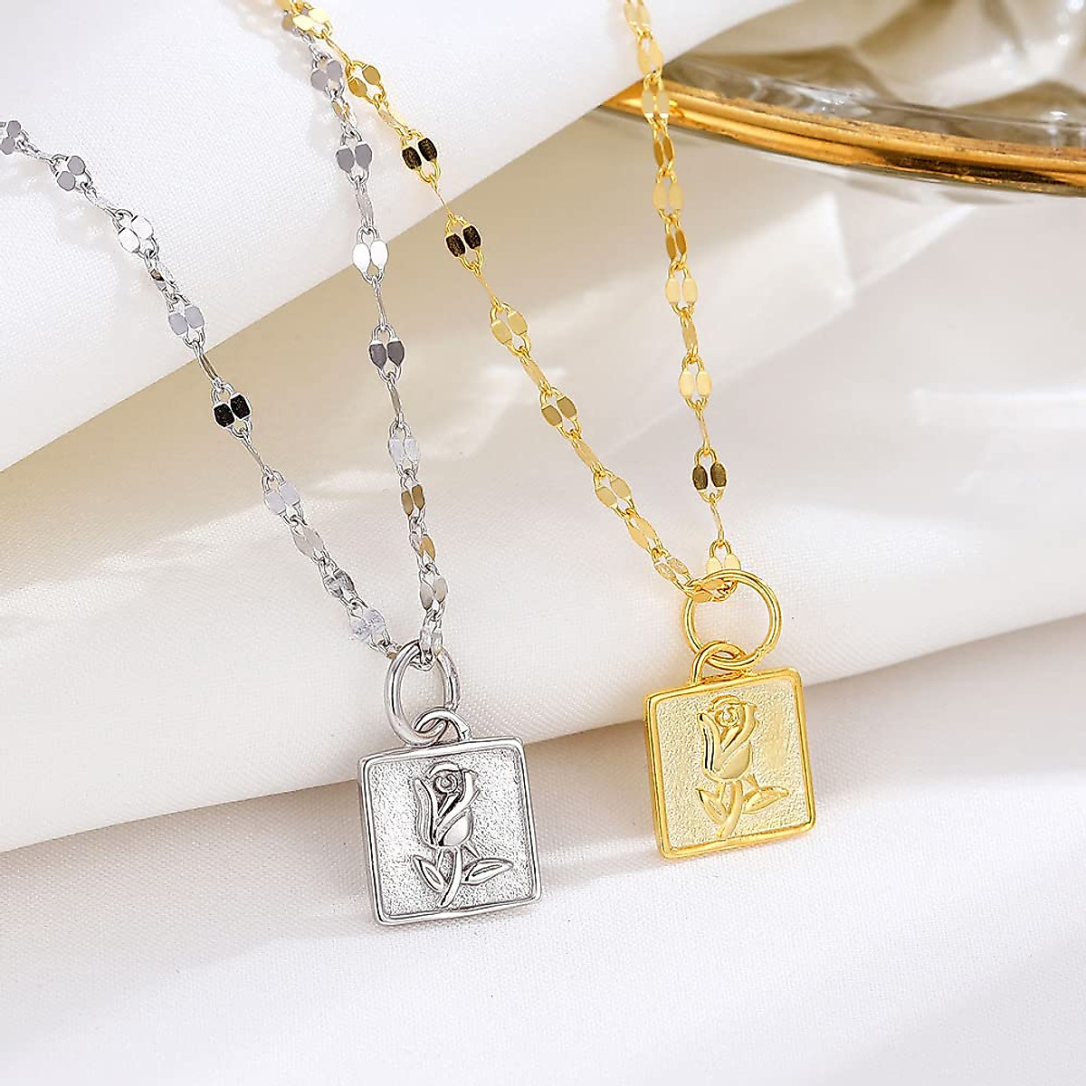 925 Sterling Silver Dainty Dog Tag Pendant Necklace Rose Flower Embossed Flora Jewelry for Women (Gold)