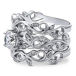 BERRICLE Sterling Silver Leaf Wedding Engagement Rings Cubic Zirconia CZ Solitaire Ring Set for Women, Rhodium Plated Size 9