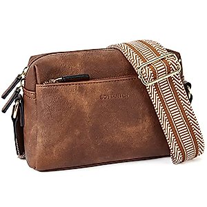 BOSTANTEN Small Crossbody Purse for Women Triple Zip Cell Phone Leather Shoulder Handbag with Wide Guitar Strap Brown
