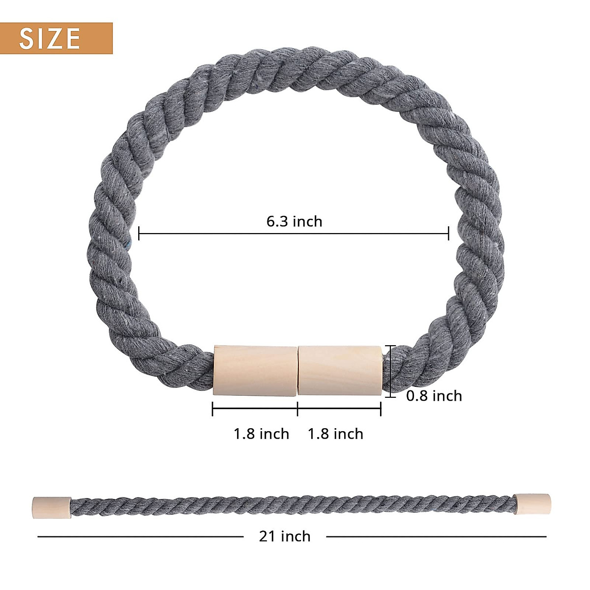 NICEEC 2 Pack Wooden Magnetic Curtain Tiebacks Boho Home Decoration Drape Tie Backs Natural Cotton Handmade Rope Curtain Holdbacks for Thin or Thick Home & Office Window Drapery (Grey)