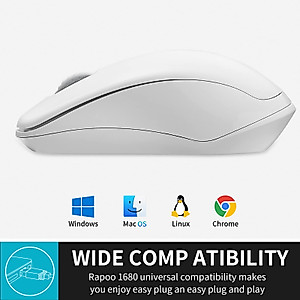 Rapoo 1680 Silent Wireless Mouse, 2.4GHz Cordless Mouse with USB Receiver, 1K DPI, 3 Buttons Computer Mouse with 12M Battery Life, Ambidextrous Computer Mice for PC/Tablet/Laptop, White