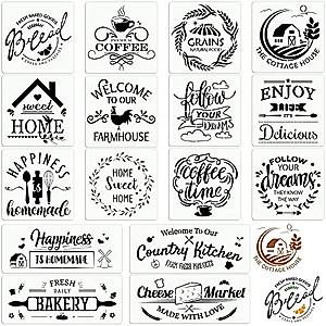 16 Pieces Farmhouse Stencils Large Stencils for Painting on Wood Reusable Iod Transfers Stencils for Crafts Rustic Sign Painting Art Templates Letter Stencils for Painting Home Dining Wall Decor