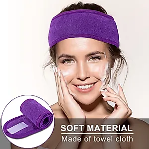 Whaline Spa Facial Headband Make Up Wrap Head Terry Cloth Headband Adjustable Towel Band for Face Washing Shower Facial Cover, 3 Pieces (White, Purple, Dark Purple)