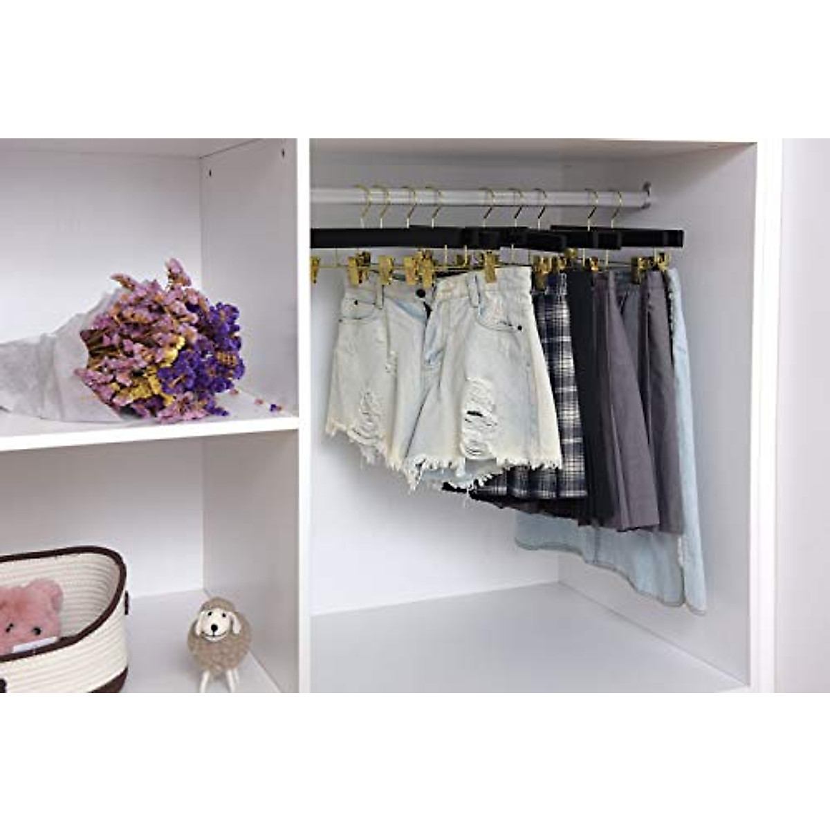 Quality Hangers Black Wooden Pants Hangers - 20-Pack Swivel Hook Cloth Hanger Set - Lotus Wood Skirt, Pant, Shorts and Slack Hangers with Adjustable Clip – Black Clothing Hanger (Gold Hook, 20)