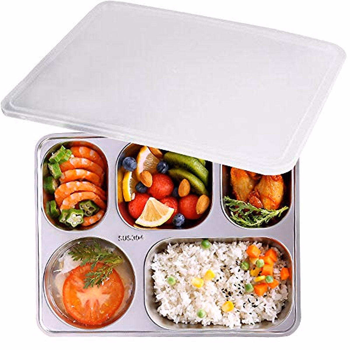 AIYoo 304 Stainless Steel Divided Plates with Lid for Adults Divided Dinner Tray 5 sections Bento Lunch Box Divided Food Containers