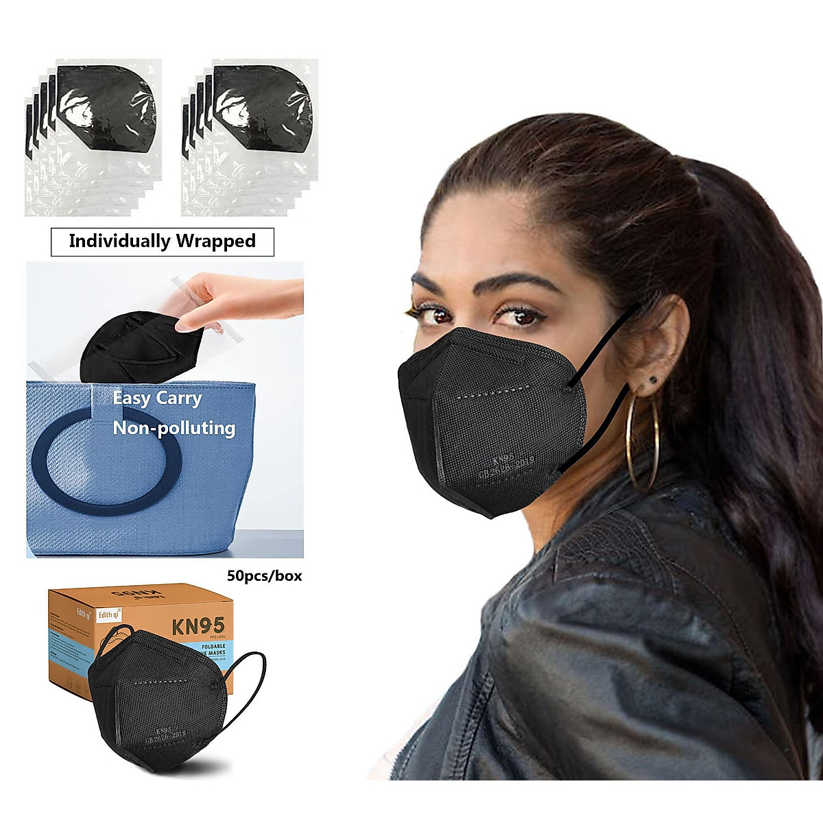 Edith qi KN95 Face Masks 50 PCS, Individually Wrapped, 5 Ply Black Disposable KN95 Masks for Adults Filter Efficiency 95%, Protection against PM 2.5 Smoke Particles
