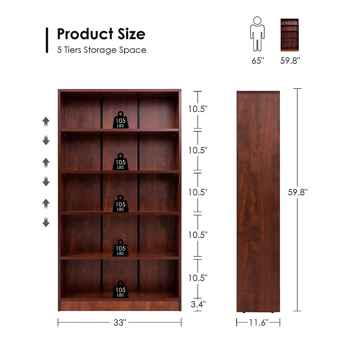 Farini Cherry Bookshelf 5 Shelf Office Bookcase 60 Inches Tall Modern Wood Bookshelf for Living Room Office