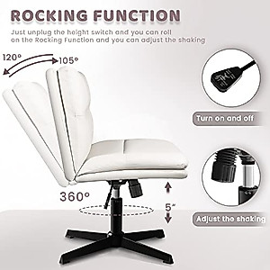 LEMBERI PU Leather Armless Office Desk Chair No Wheels,Criss Cross Legged Home Office Wide Padded Swivel Vanity Chair,120°Rocking Mid Back Ergonomic Computer Task Chair for Make Up,Small Space