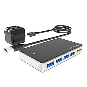 BYEASY Powered USB Hub 3.0, 7-Port USB Splitter with Power Adapter, 3.3 ft Long Cable and BC 1.2 Charging Port for iMac, MacBook Pro/Air, Mac Mini/Pro, PS4, Surface Pro, PC, Laptop, etc