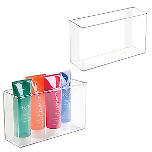 mDesign Plastic Storage Organizer Bin, Adhesive Mount for Cabinets & Walls in Bathroom, Vanity, Under Sink, Holds Body Wash, Shampoo, Lotion, Brushes, Hair Spray, Ligne Collection, 2 Pack, Clear