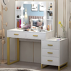 PAKASEPT Vanity Makeup Desk with Lights and Charging Station, Dressing Table Vanity Desk with Mirror and Lights,Storage Shelves, Drawers for Bedroom,White