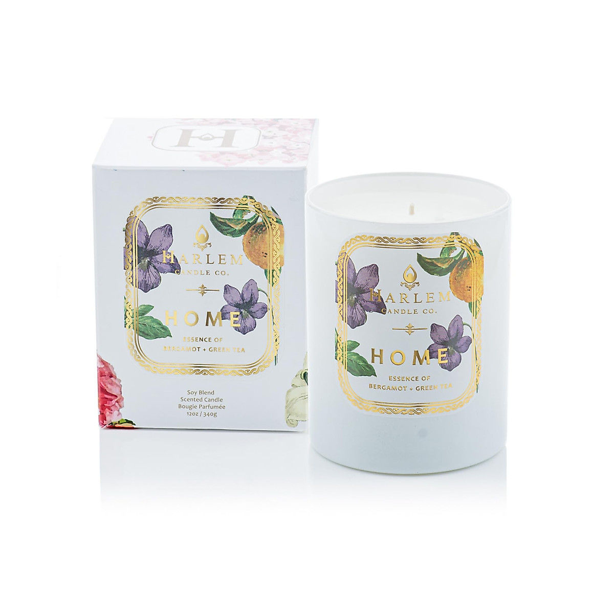 Harlem Candle Company Home Luxury Candle, 11 oz White Glass Jar, Double Wick, Soy Wax, Gift Box, Bergamot, Jasmine, Sandalwood, Mandarin Orange and Green Tea Leaves,80 Hour Burn