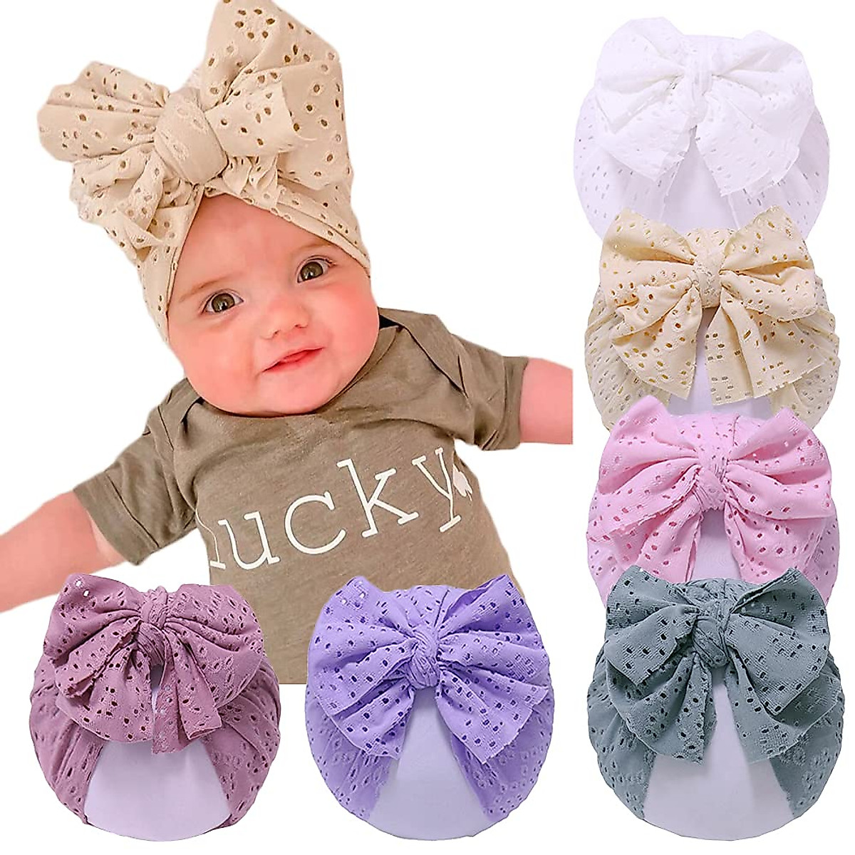 DANMY Baby Girl Hat with Bow Hat Toddlers Soft Turban Knotting Hats Cap (Pink/Purple/DarkPink/White/Green/Beige)