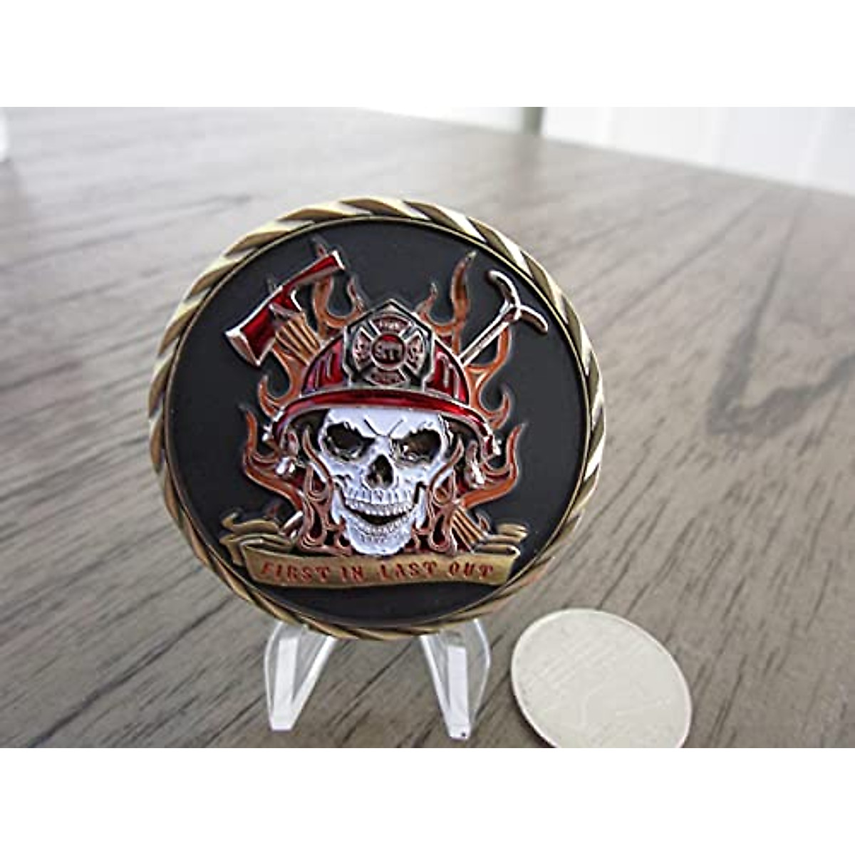 Firefighter Fireman First Responder First in Last Out 911 Skull Challenge Coin