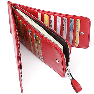 Huztencor Women's Credit Card Holder RFID Blocking Oil Wax Leather Multi Card Organizer Wallet Slim Long Zipper Bi-fold Business Card Case Clutch Wallet with ID Window Red (FBA)