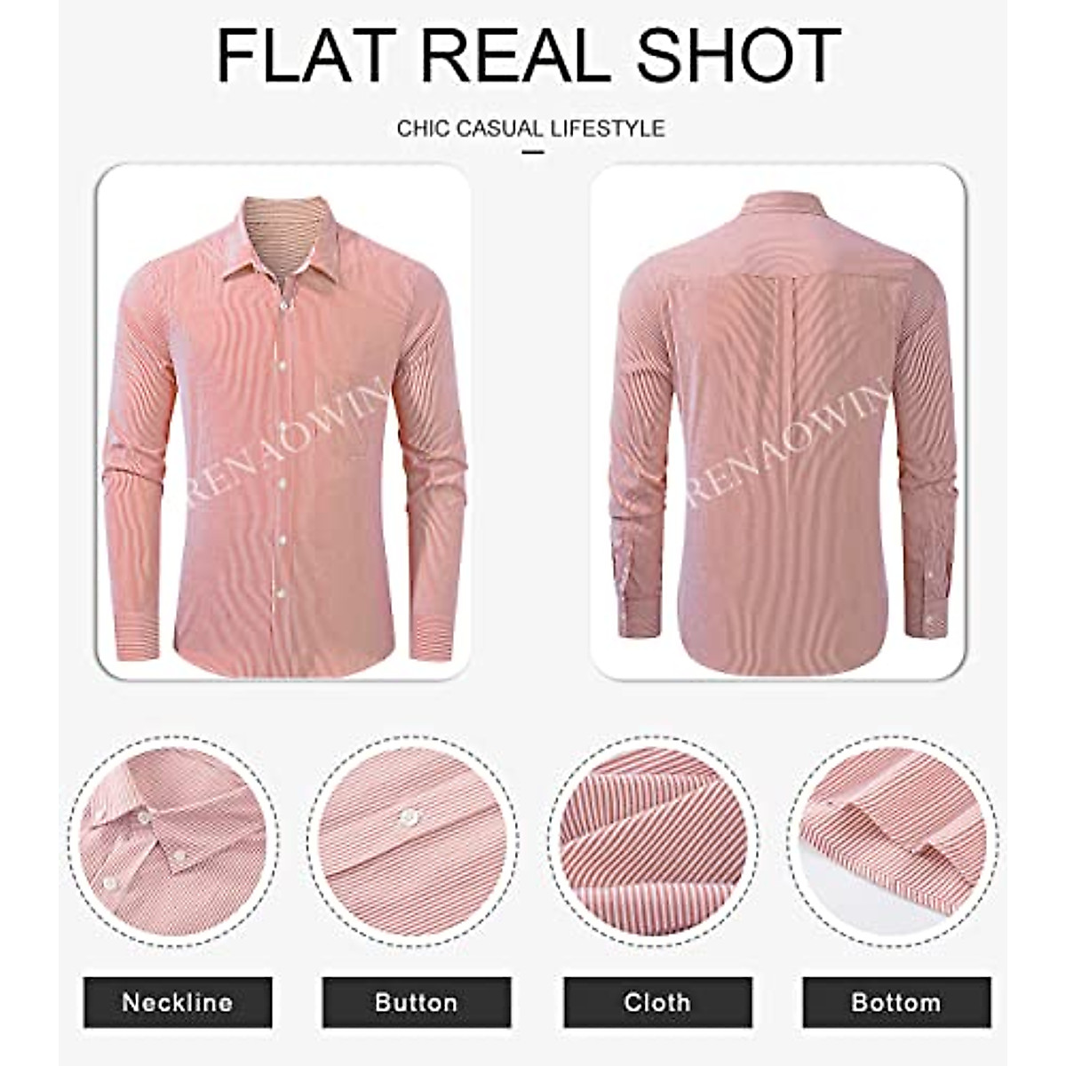 Renaowin Mens Dress Shirt with Front Pocket Regular Fit Pinpoint Stripe Button Down Long Sleeve Shirts US 46(XL) Red