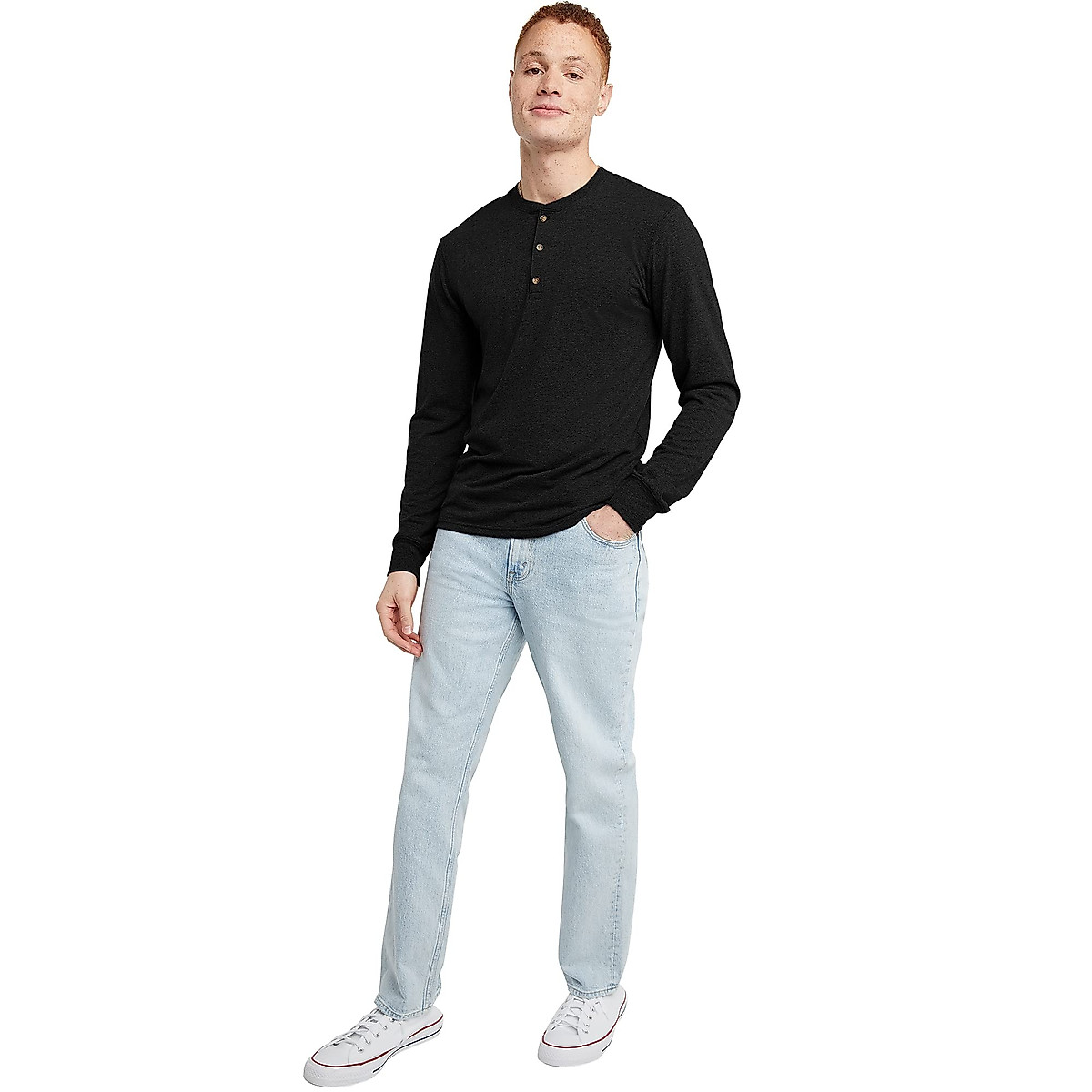 Hanes Originals Men's Tri-Blend Long Sleeve Henley, Black, Medium