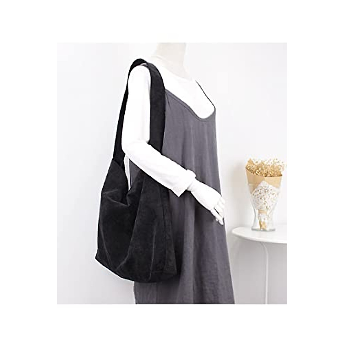 Danling&Unique Women/Girls Corduroy Large Capacity Tote Bag Shoulder Bag Fashion Hobo Bag Casual Shopping Bag Handbag black