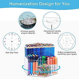 Marbrasse Acrylic Pen Holder, 360-degree Rotating Clear Pen Organizer for Desk, Desktop Stationery Organizer Caddy for Office School Home & Art Supplies (Acrylic Hexagon)