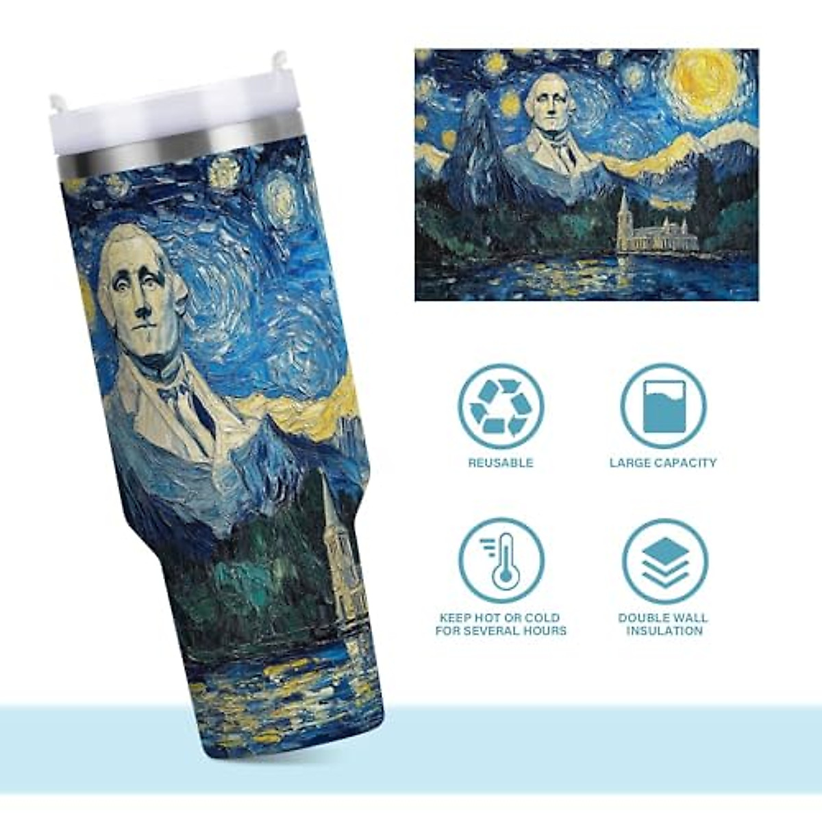 RPLIFE Starry Night Style Coffee Tumbler, Stainless Steel Coffee Tumbler, Insulated Tumblers with Handles, Tumblers for Women