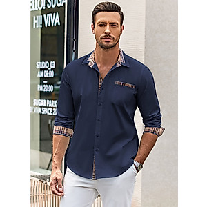 COOFANDY Men's Casual Long Sleeve Shirt Slim Fit Button Down Plaid Collar Dress Shirt Blue Large
