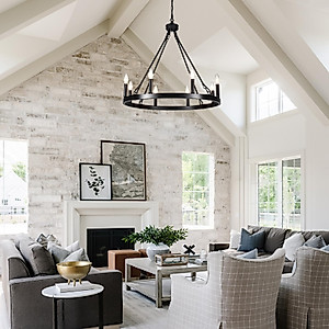 ADSENSTY Black Wagon Wheel Chandelier, 8 Lights Chandelier for Dining Room Light Fixture Round Industrial Pendant Light Fixtures for Living Room Foyer Entryway