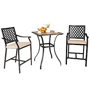 Tangkula 3 Piece Patio Bar Bistro Set, Outdoor Bar Height Stool & Table, Ergonomic Seat with Comfortable Cushion, Reinforced Steel Structure, Outside Dining Set for Poolside, Backyard (Beige)
