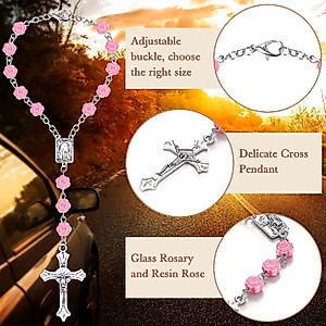 Konohan 2 Pieces Car Rosary Rearview Mirror Auto Rosary Religious Car Mirror Hanging Accessories for Automotive Personalized Protection Charm for Auto Decors(Rose,Pink)