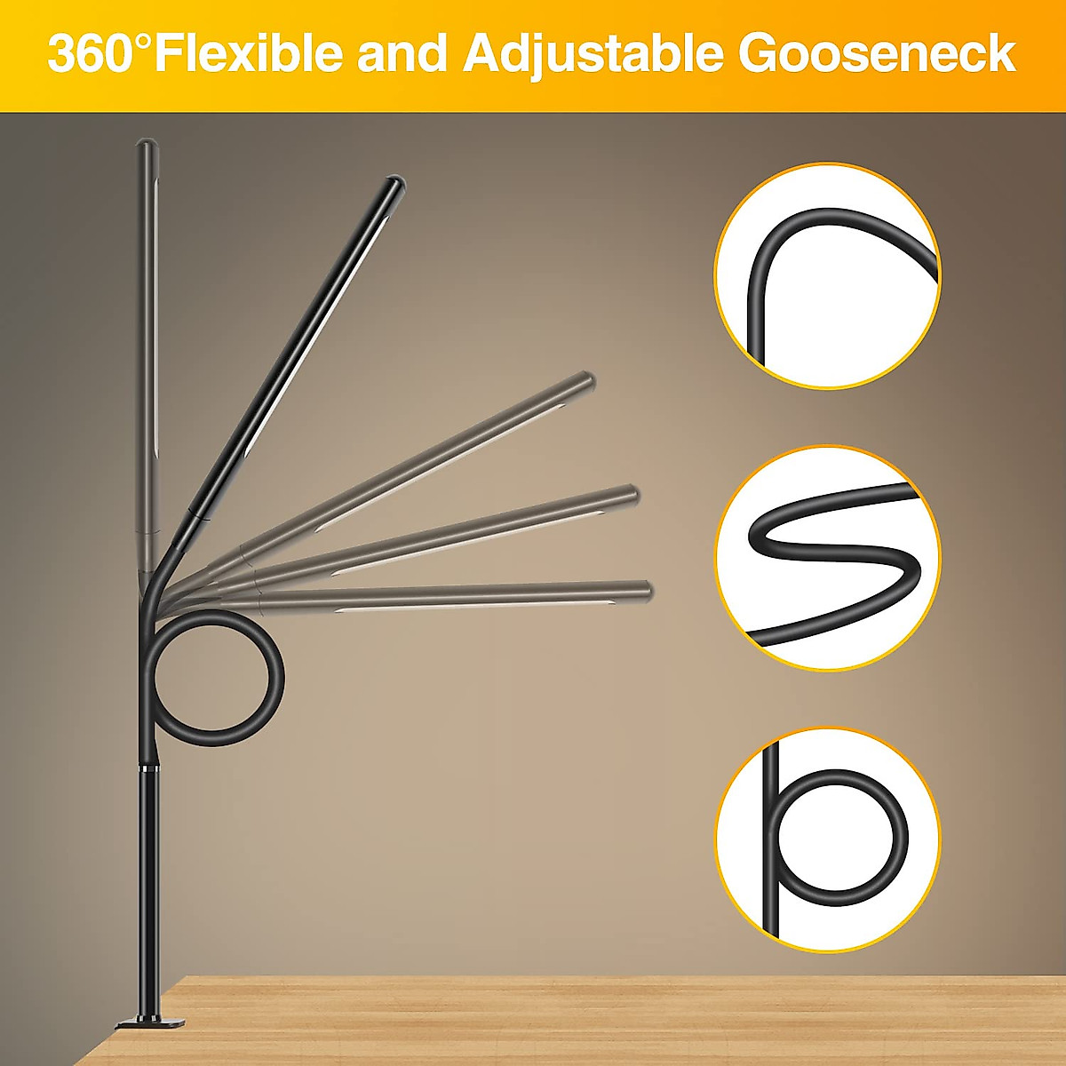 Desk Lamp Clamp, 12W Bright LED Desk Light for Home Office, Eye-Caring Table Light for Dorm Room, 3 Color 10 Brightness, Long Flexible 360° Goosenecks, Metal Swing Arm, 10W USB Adapter, Black.