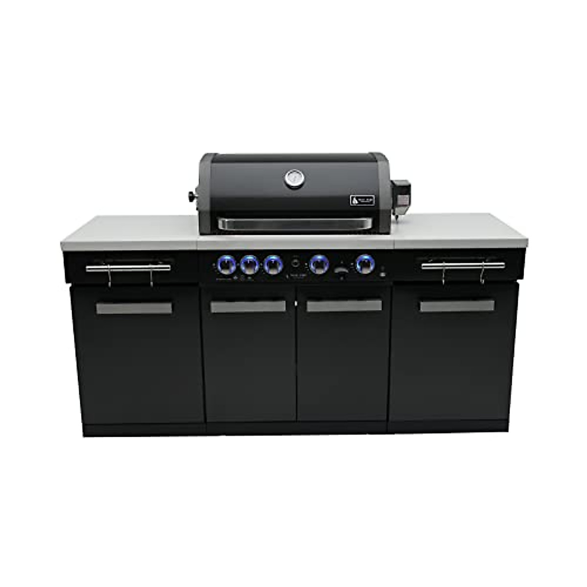Mont Alpi MA-957 5-Burner 63000 BTU Black Stainless Steel Outdoor Kitchen Bar Gas Island Grill w/ Infrared Rear Burner + Rotisserie Kit + Granite Countertop + Storage Cabinets & Full Weather Cover