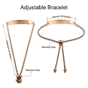 MeMeDIY Personalized Bar Heart Bracelet Custom Engraving Name Date ID for Women Mom Girlfriend Stainless Steel Adjustable Anklet Link Best Friend Bridesmaid Gift(Rose Gold Color)
