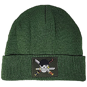 Ripple Junction One Piece Anime Watchman Knit Beanie Stitched Patch Roronoa Zoro Jolly Roger Winter Hat Green