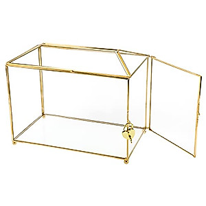HighFree 10.2" Glass Wedding Card Box with Slot & Lock, Handmade Copper Gold Geometric Terrarium, Clear Display Box for Wedding Reception, Wishwell, Keepsake