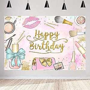 Aperturee Makeup Spa Happy Birthday Backdrop 5x3ft Girls Women Princess Pink Glamour Cosmetics Beauty Make Up Photography Background Sweet 16th Banner Party Decorations Photo Booth Shoot Studio Props