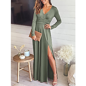 ANRABESS Women Deep V Neck Long Sleeve Slit 2024 Fall Elegant Formal Wedding Guest Cocktail Evening Date Prom Maxi Long Dress Green Medium