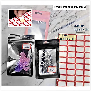 120 PCS Resealable Mylar Ziplock Bags, Self Sealing Food Storage Bags with 120 PCS Label Stickers, Smell Proof Packing Bags with Clear Window for Candy Food, 3 Color, 2 Different Size