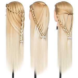 DANSEE 28" Mannequin Head Synthetic Hair Hairdresser Training Manikin Cosmetology Doll Head Blonde with DIY Braiding Set+ Free Table Clamp(27-613)