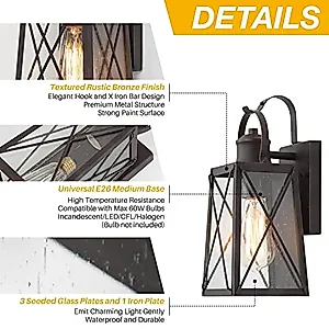 Outdoor Wall Lights 2 Pack, Exterior Wall Sconces Light Fixture with Seeded Glass, Waterproof and Anti-Rust Bronze Lanterns for Front Door, Entry, Porch, Patio, and Gazebo
