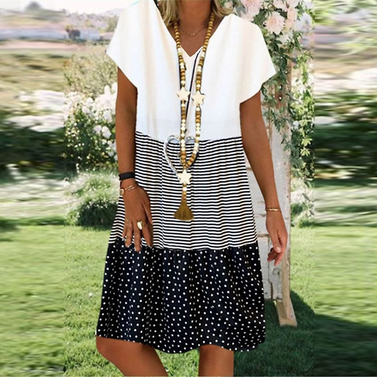 LFEOOST Dresses for Women 2023 Wedding Guest Summer V Neck Short Sleeve Belted Ruffle Hem A-Line Polka Dot Boho Maxi Dress