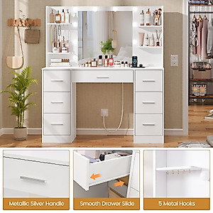 Quimoo Large Vanity Desk with LED Lighted Mirror & Power Outlet,Makeup Vanity Table with 7 Drawers,4 Shelves and 5 Hooks,Vanity Table, Vanity Desk Set for Bedroom,Bathroom,White