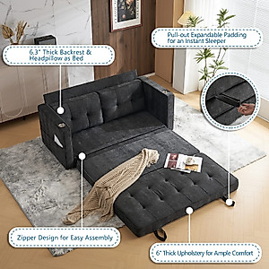 VINGLI Upgraded 64" W 84" L Full Size Futon Sofa Bed, 6" Thick Upholstery Chenille Loveseat Sofa Sleeper Pull Out Couch,Convertible Floor Couch for Living Room, Bedroom, Entertainment Room, Dark Grey