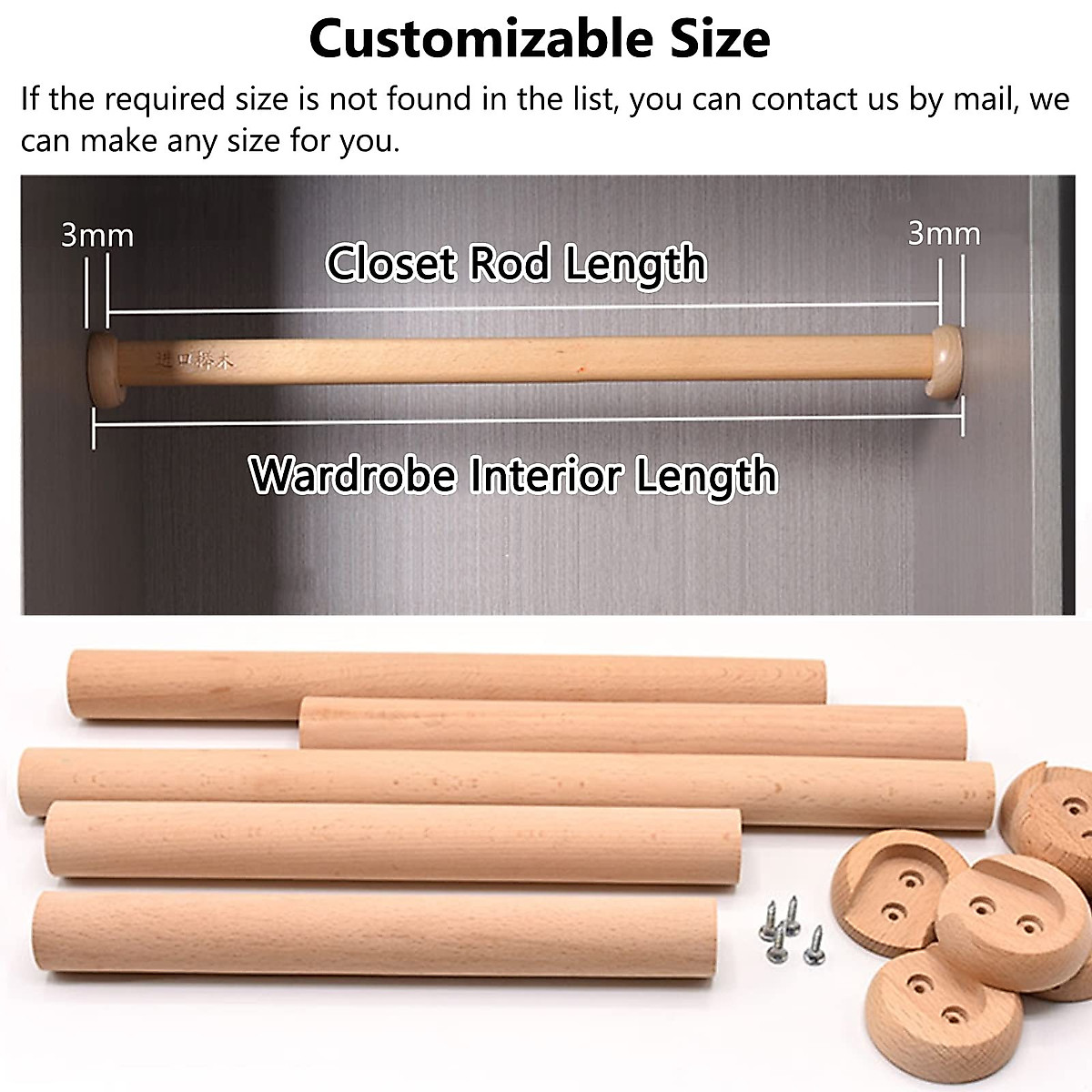 Wood Closet Rod for Hanging Clothes, Heavy Duty Hanging Wardrobe Pole with Bracket Kits, Removable Window Curtain Hanger Rod, Load 100KG (Size : 140cm/55 in)