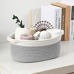 4 Pack Small Woven Basket with Handles, Cotton Rope Room Shelf Storage Basket, Cute Baby Gift Basket for Nursery, Bedroom - Cat Dog Toys Basket, Empty Decorative Gift Chest Box, All 12"x 8"x 5",Grey