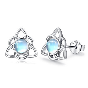 Moonstone Earrings for Women Celtic Knot Stud Sterling Silver Hypoallergenic Piercing Tiny Earring Rainbow Trinity Good Luck Irish Jewelry Xmas Gifts for Mother