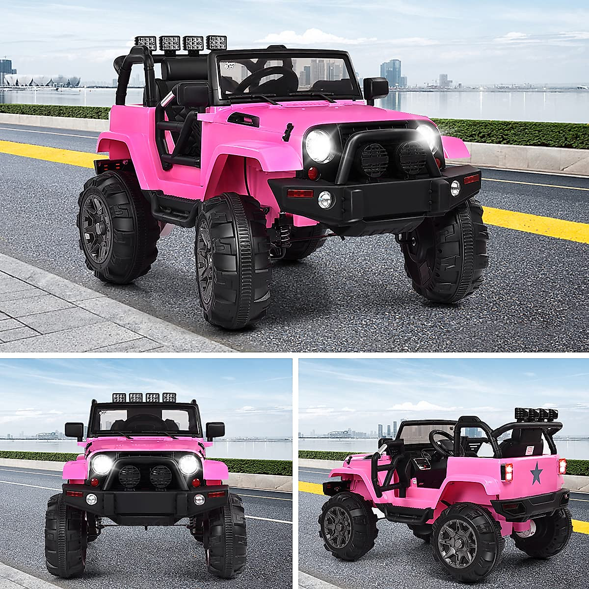 Costzon Ride On Car, 12V Battery Powered Electric Ride On Truck w/Parental Remote Control, LED Lights, Double Open Doors, Safety Belt, Music, MP3, Spring Suspension (Pink)
