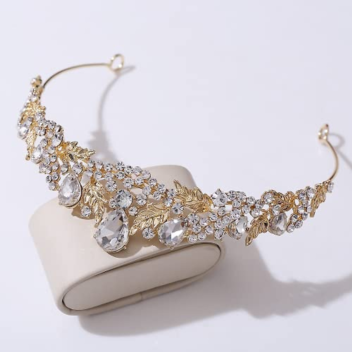 QIAIYALA Wedding Tiaras for Bride Gold Crystal Princess Small Crown Bridal Headband Birthday Leaf Hair Accessories