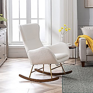 DM Furniture Sherpa Rocking Accent Chair Upholstered Nursery Glider Rocker for Baby Nursing Comfy Lounge Chair with Gold Legs for Living Room Bedroom, White